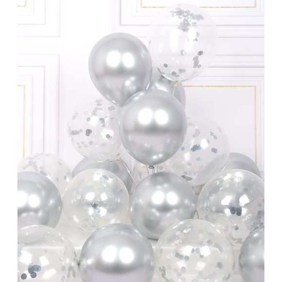 Party Supplies | 12 Inch Silver Metallic Party Balloons With Ribbons ...